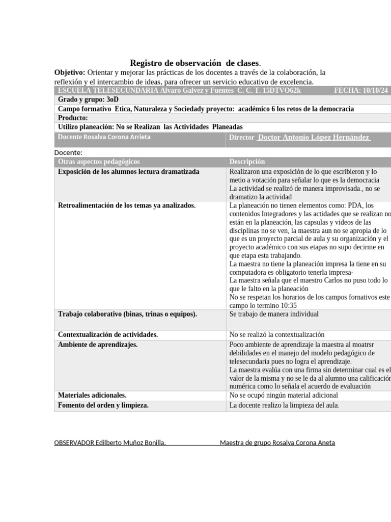 Registro de Observación de Clases 62K | PDF