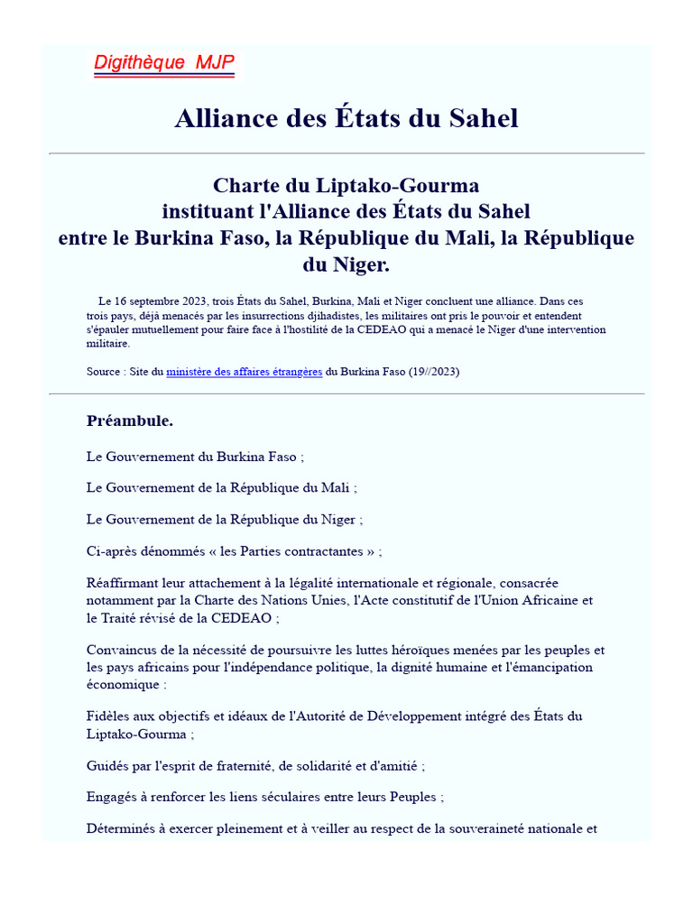 Charte Du Liptako-Gourma, Alliance Des États Du Sahel, 2023, MJP | PDF