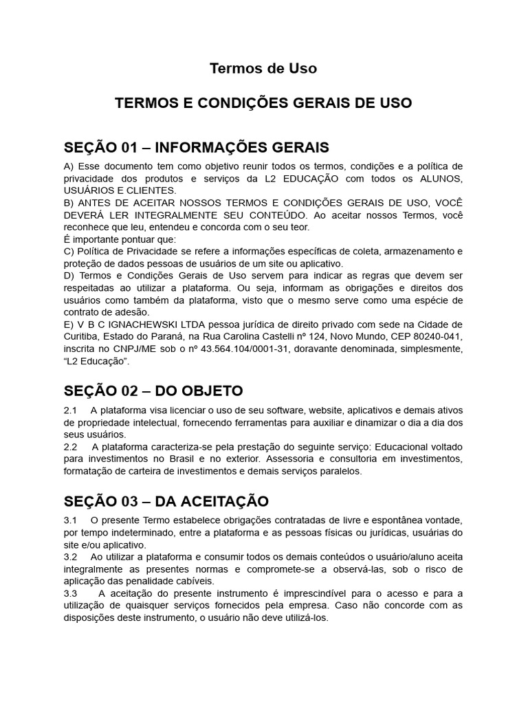 Termo de Uso L2 | PDF