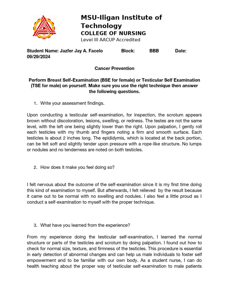 BSE and TSE: Self-Examination Insights | PDF | Cancer | Self-Improvement