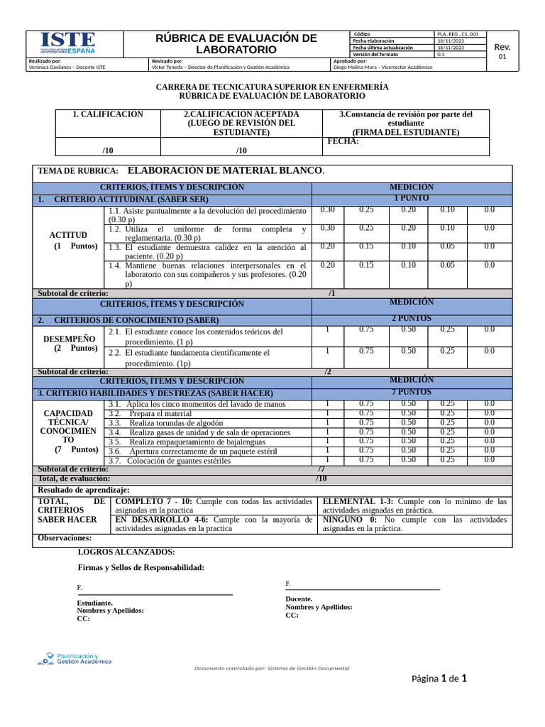 Rubrica #9 - Elaboración de Material Blanco. | PDF
