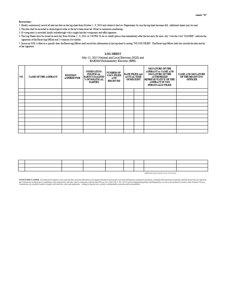 Log Sheets Filing of Coc Nle 2025.Xlsx Annex o | PDF