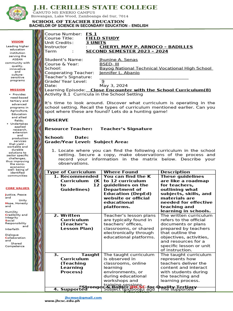 Field Study 1 Activities - Jhu9 | PDF | Curriculum | Learning