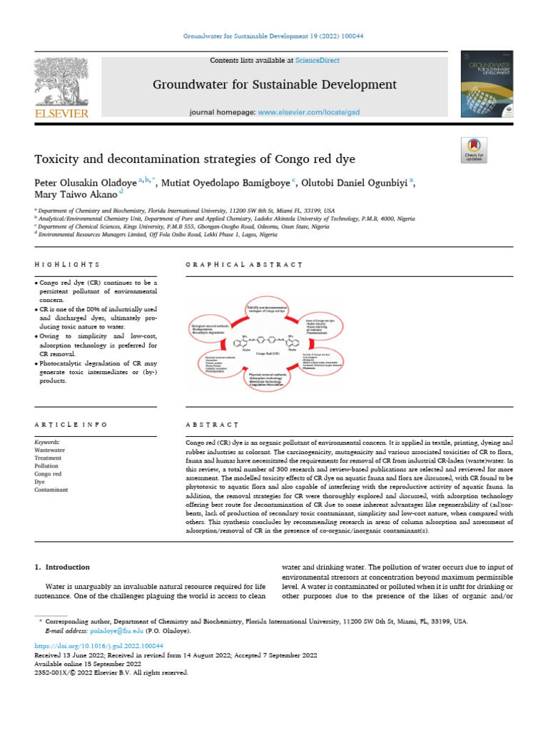 Toxicity and Decontamination Strategies of Congo Red Dye | PDF