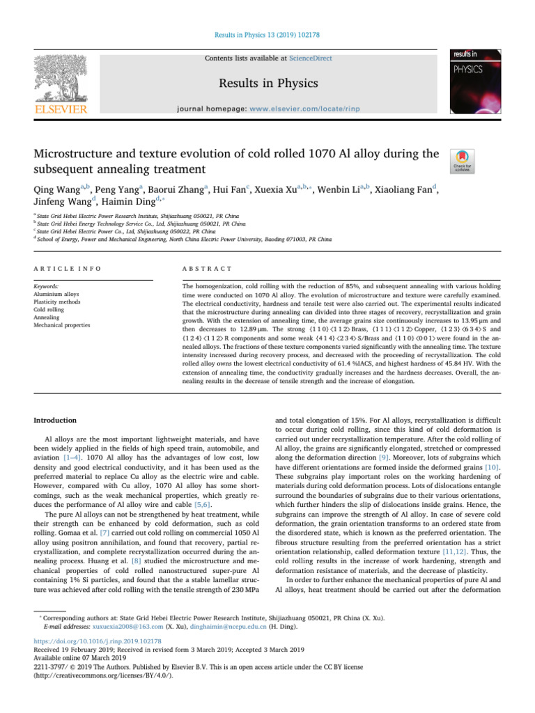 Microstructure And Texture Evolution Of Cold Rolled 1070 Al 2019 Results In Pdf