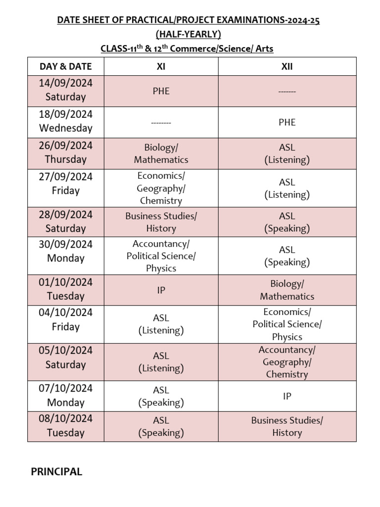 Date Sheet of Practical Examinations (Half Yearly) - 2024 (Class - XI & XII) | PDF