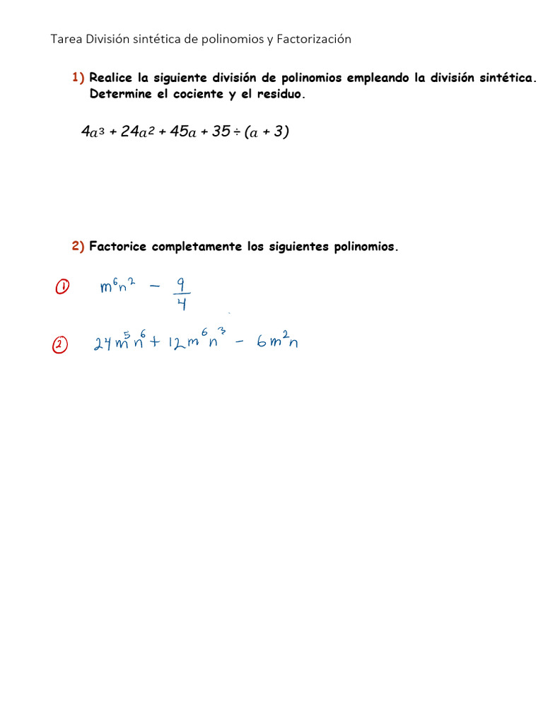 Tarea División Sintética de Polinomios y Factorización | PDF