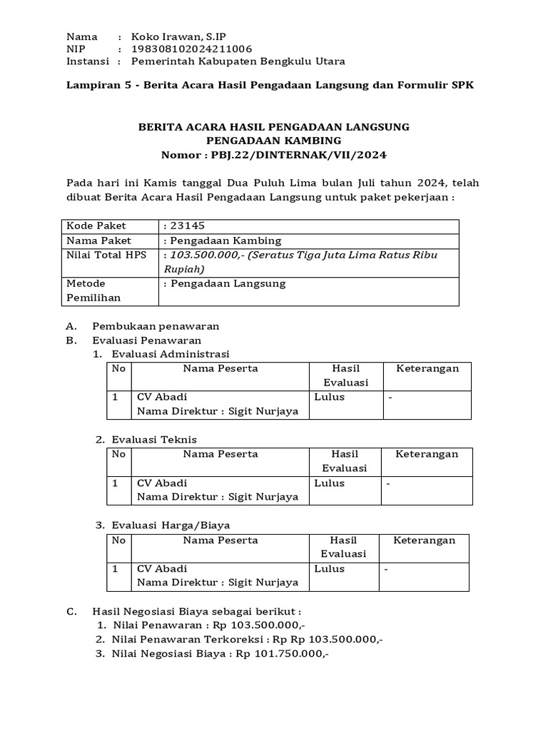 Koko Irawan - Lampiran 5 - Dokumen Berita Acara Pengadaan Langsung Dan ...