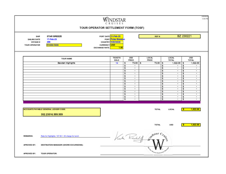 Bawean Highlights Tour Settlement Form | PDF | Ships | Water Transport
