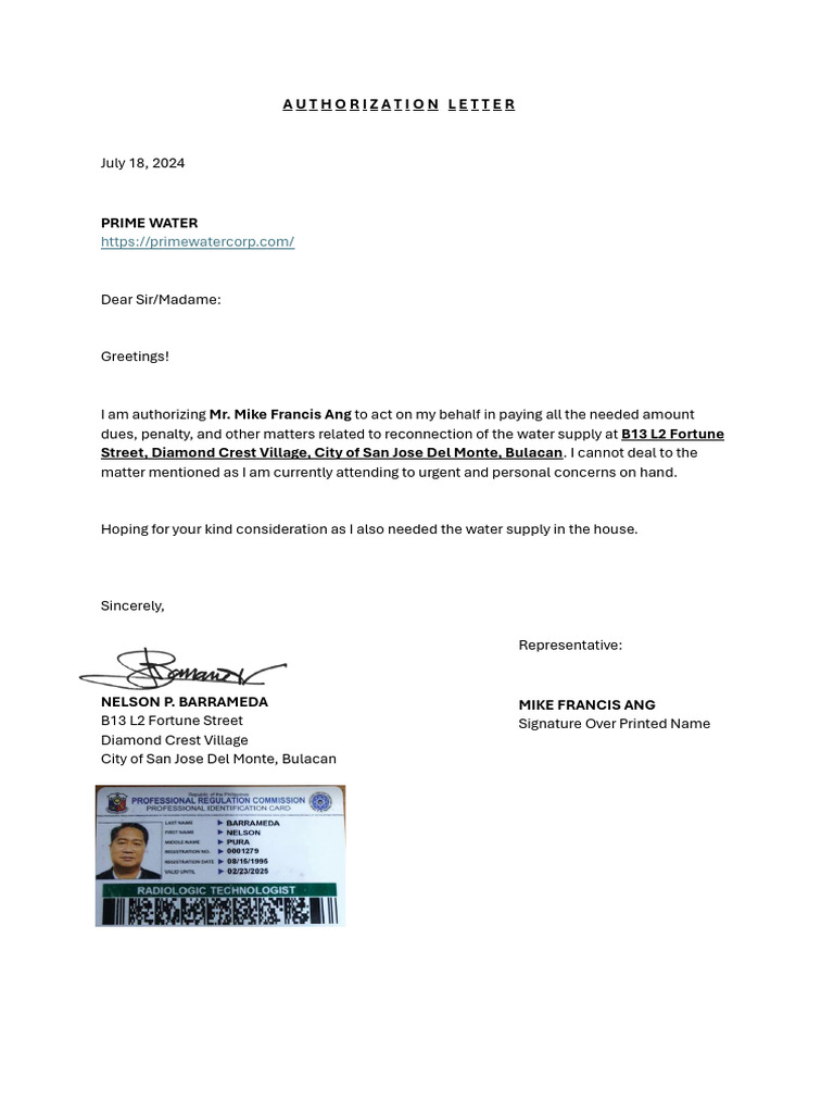 Authorization - Request of Reconnection For Prime Water | PDF