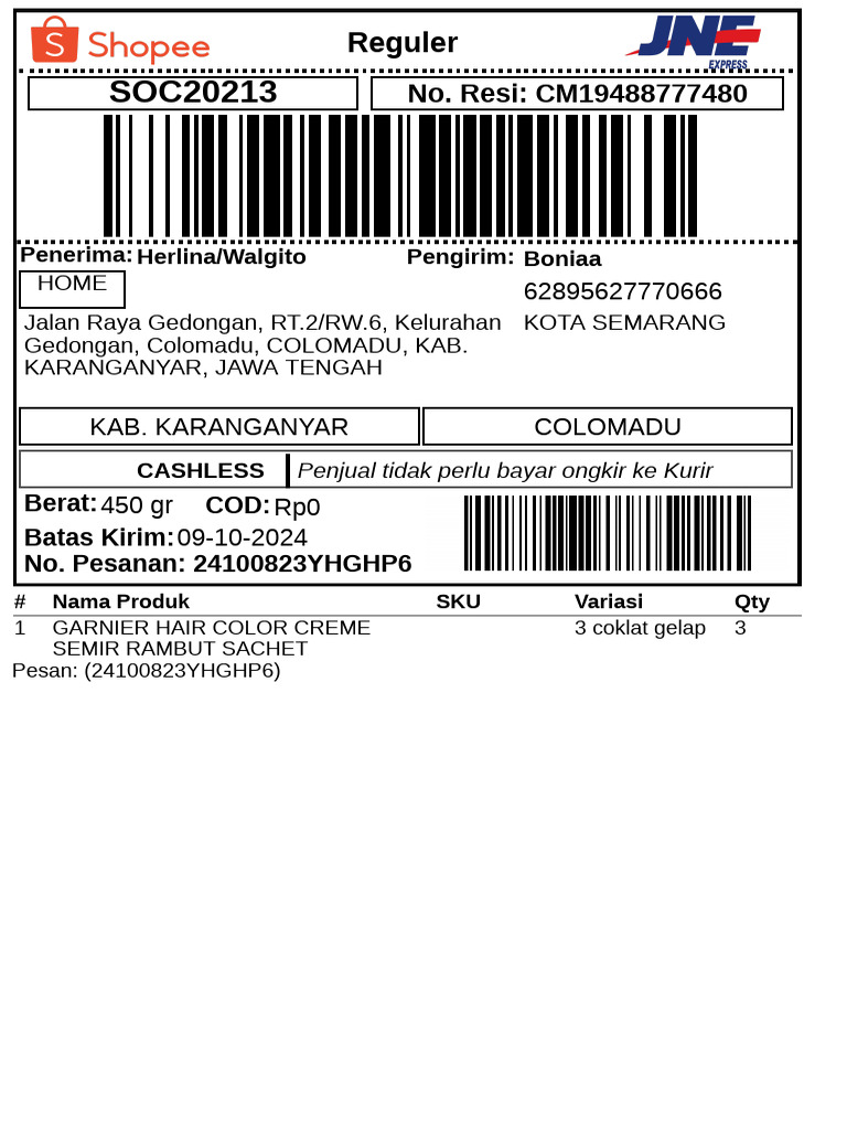 No. Resi: CM19488777480: Penerima: Boniaa Herlina/Walgito Pengirim | PDF