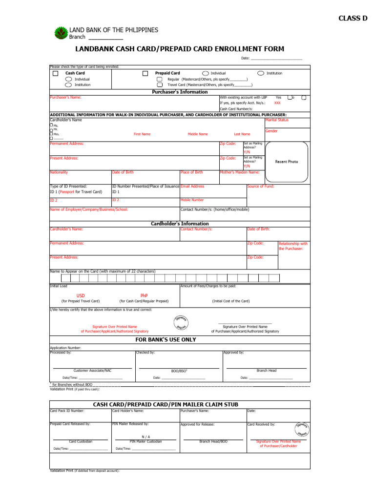 LANDBANK Mastercard Prepaid Card Enrollment Form | PDF