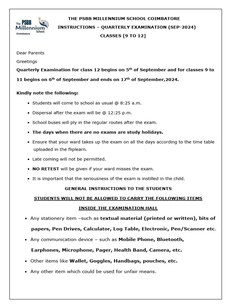 Instructions_to_Parents_-Quarterly_exams2024-251725443672 | PDF
