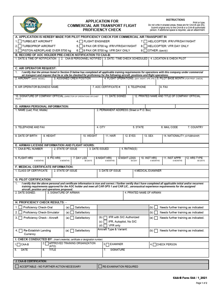 544 Form Proficiency Check CAA - B 2021 - Aircraft | PDF