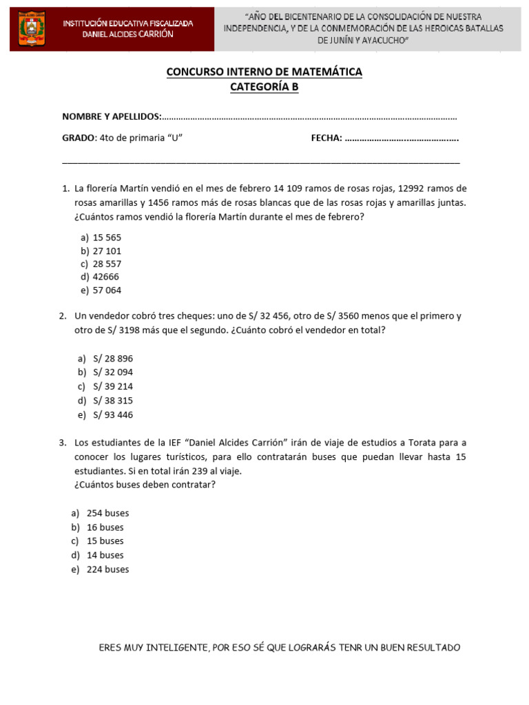 Concurso de Matemática 4to Grado | PDF