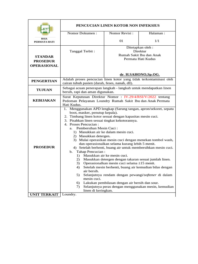Spo Pencucian Linen Kotor Non Infeksius | PDF