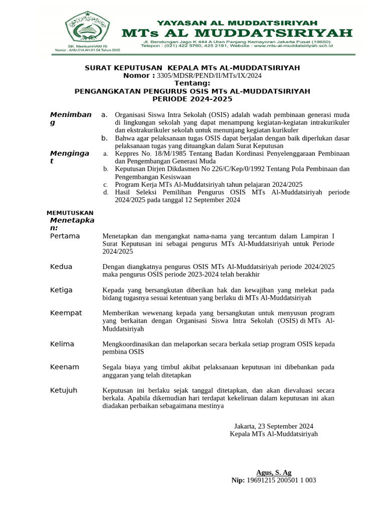 Surat Keputusan Kepengurusan Osis 2425 | PDF