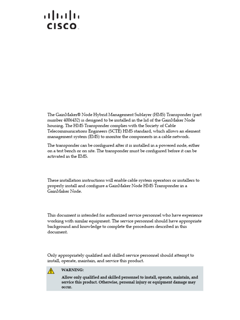 Gainmaker Node Hms Status Monitor Transponder Installation Instructions ...