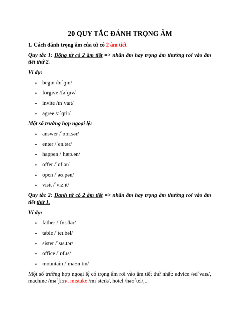 20 QUY TẮC ĐÁNH TRỌNG ÂM | PDF