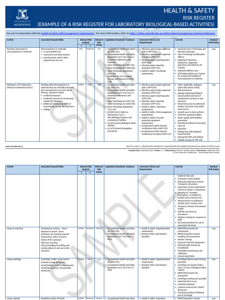 Health and Safety Risk Register Example Biological Laboratory | PDF