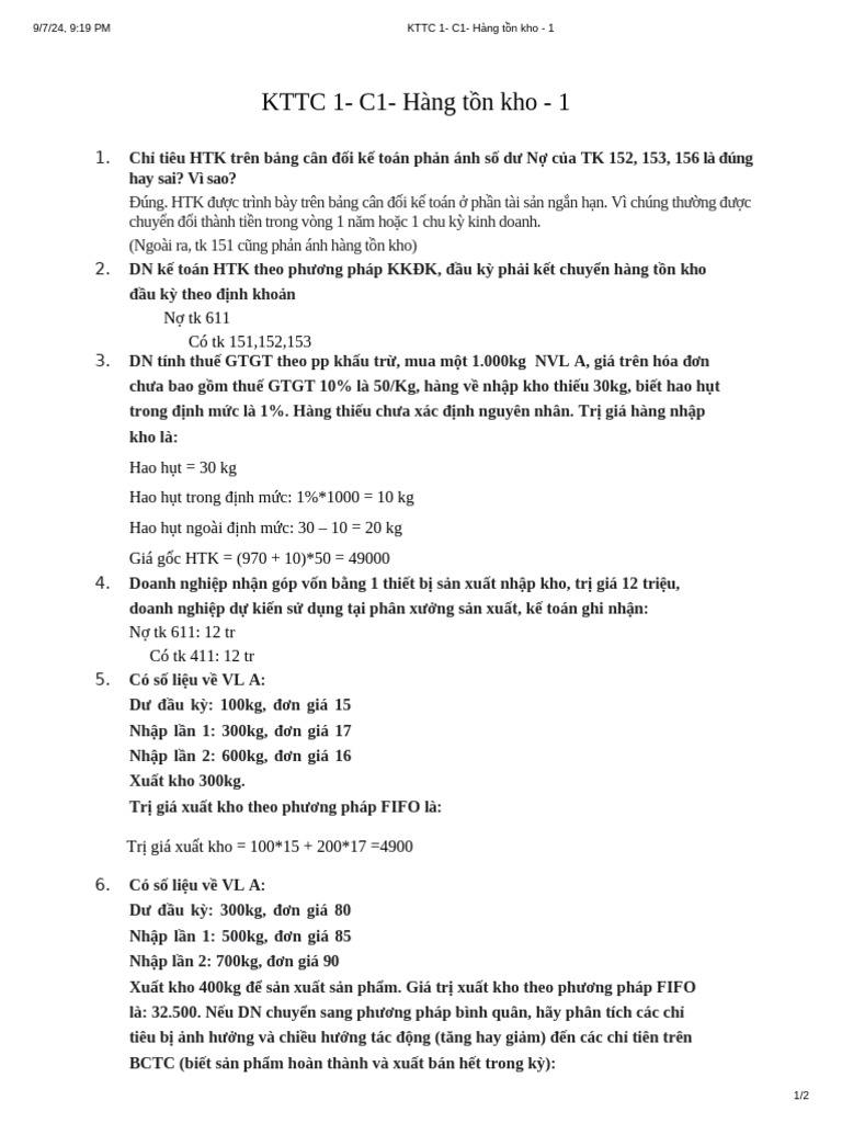 KTTC 1 - C1 - Hàng T N Kho - G I SV | PDF