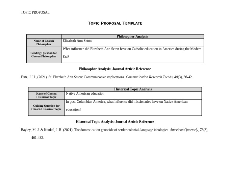 Topic Proposal - Elizabeth Ann Seton - Native American Education | PDF