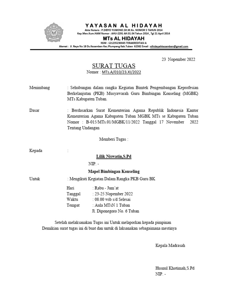 Surat Tugas PKB Bu Titin | PDF