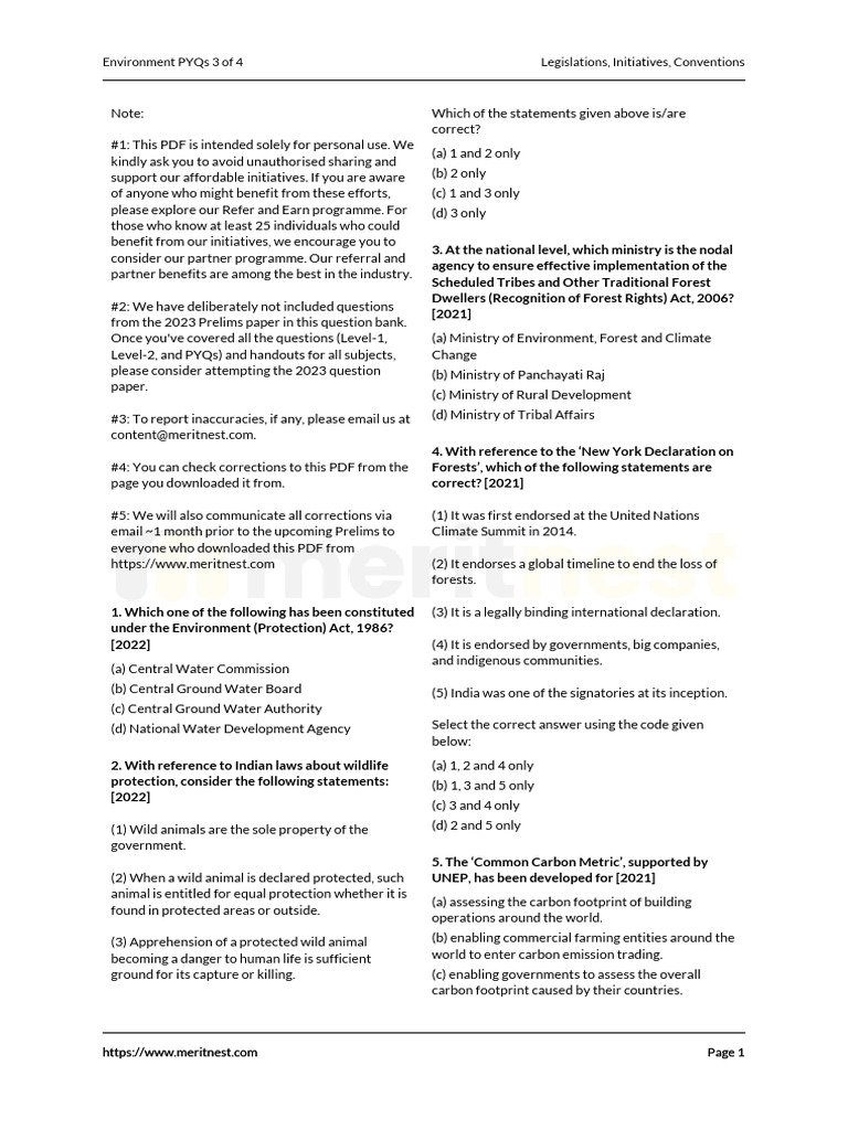 Environment Prelims Pyqs 3 of 4 Meritnest | PDF | United Nations Framework Convention On Climate ...