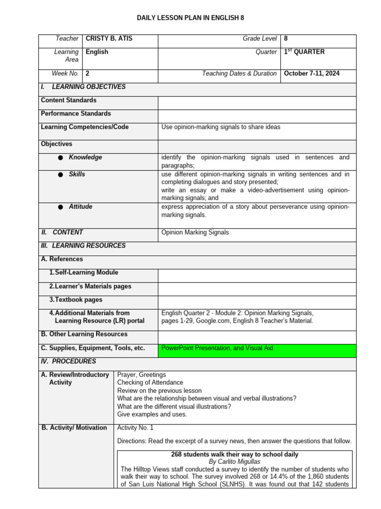 Lesson Plan 8 - Opinion Marking Signals | PDF
