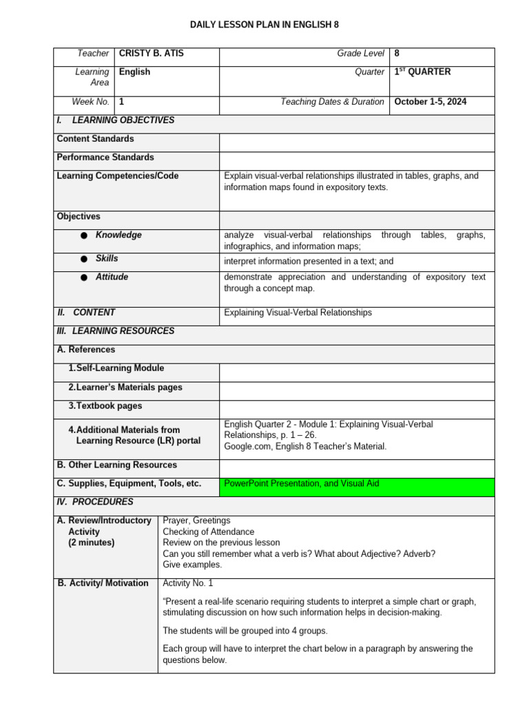 Lesson Plan 8_Explaining Visual and Verbal Relationships | PDF