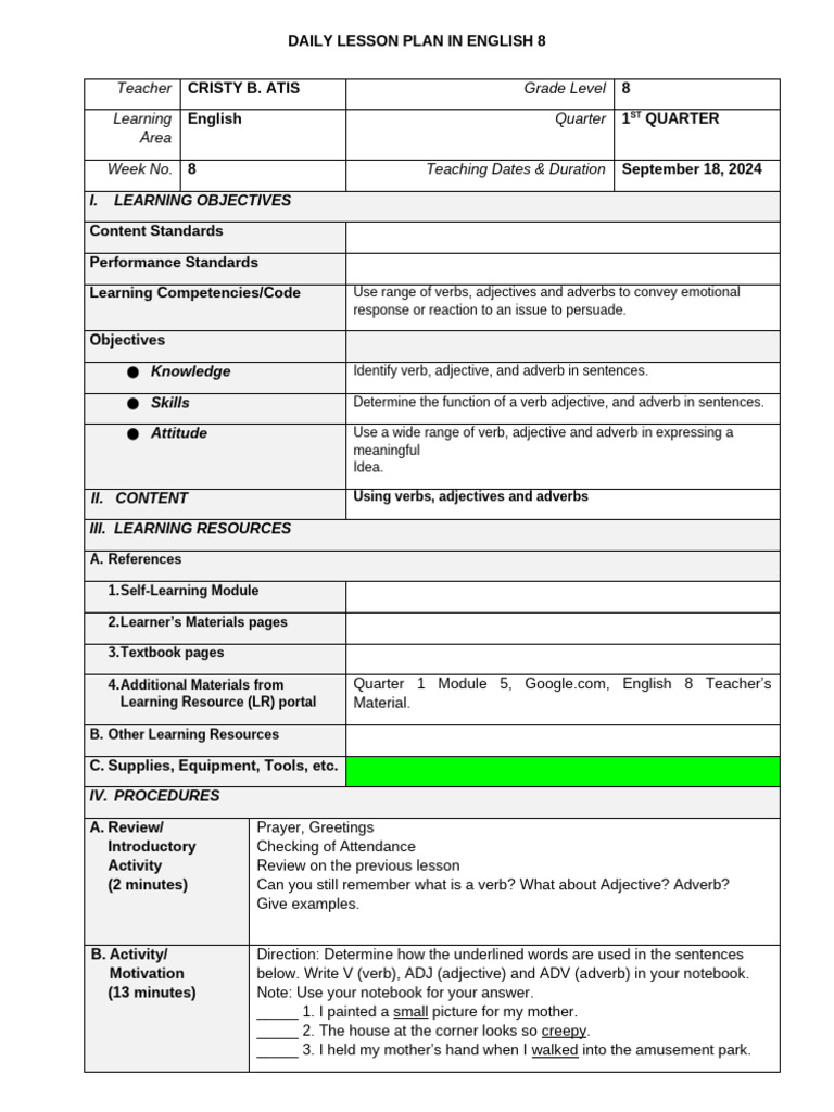 Lesson Plan 8 - Verbs, Adverbs, Agjectives | PDF