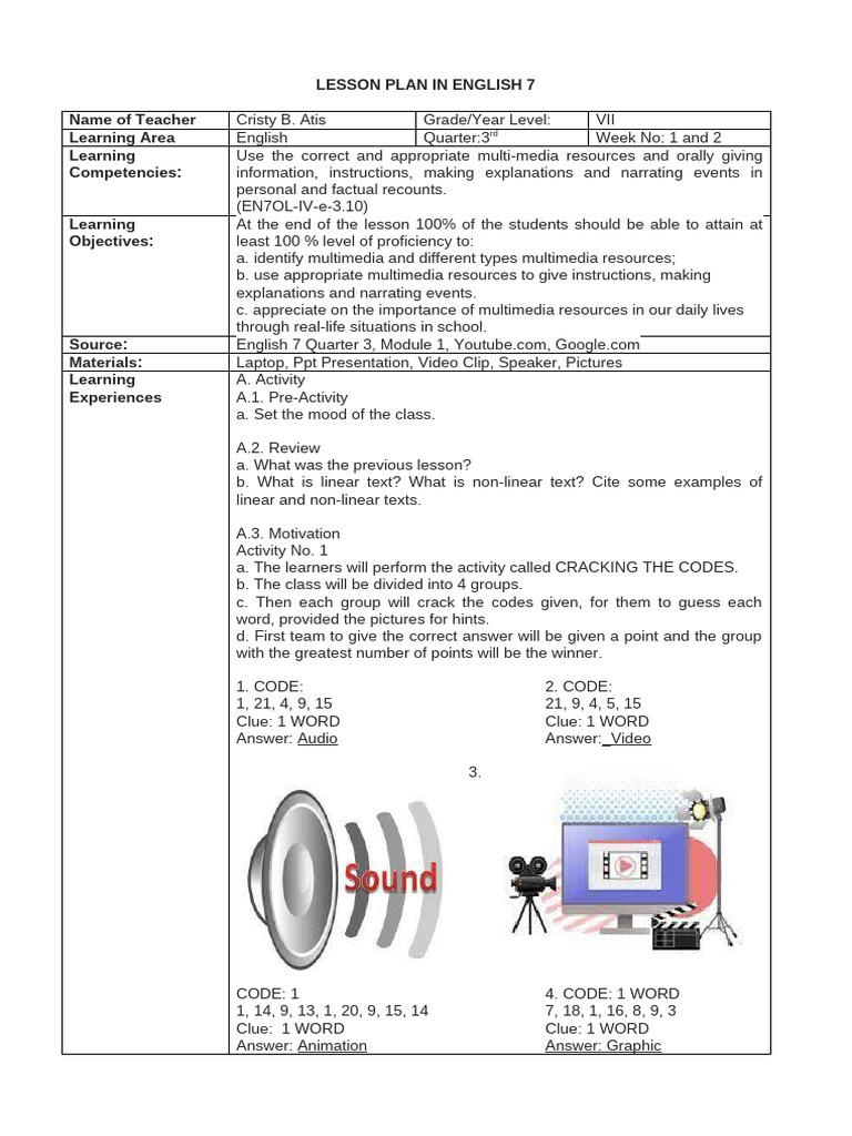 LESSON PLAN IN ENGLISH 7-Multimedia Resources | PDF