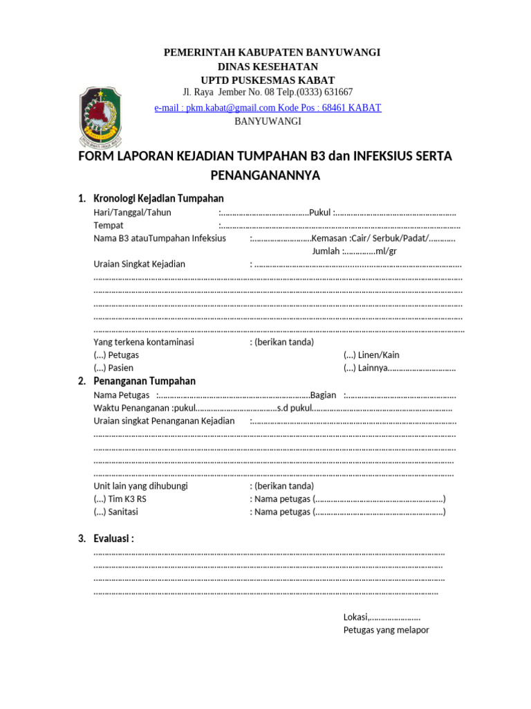 FORM LAPORAN KEJADIAN TUMPAHAN B3 dan INFEKSIUS SE | PDF