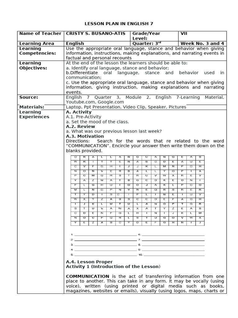 LESSON PLAN IN ENGLISH 7-Oral Language | PDF