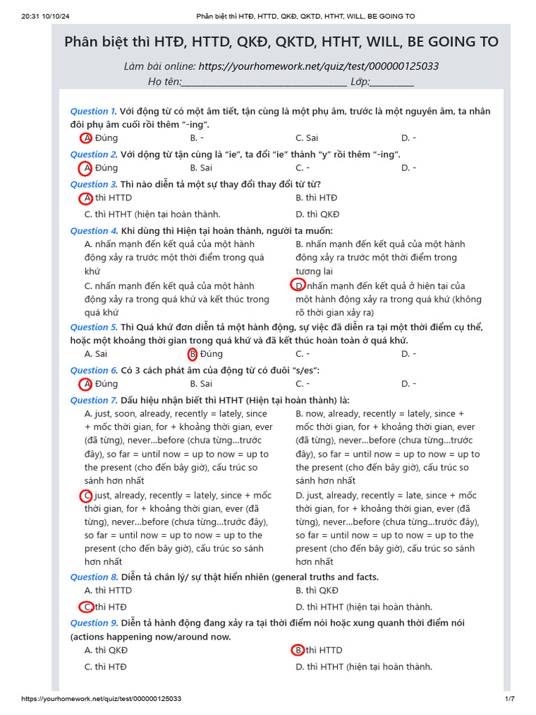 Cđ 2+3 - 6. Phân Biệt Thì Htđ, Httd, Qkđ, Qktd, Htht, Will, Be Going To - Answer | PDF