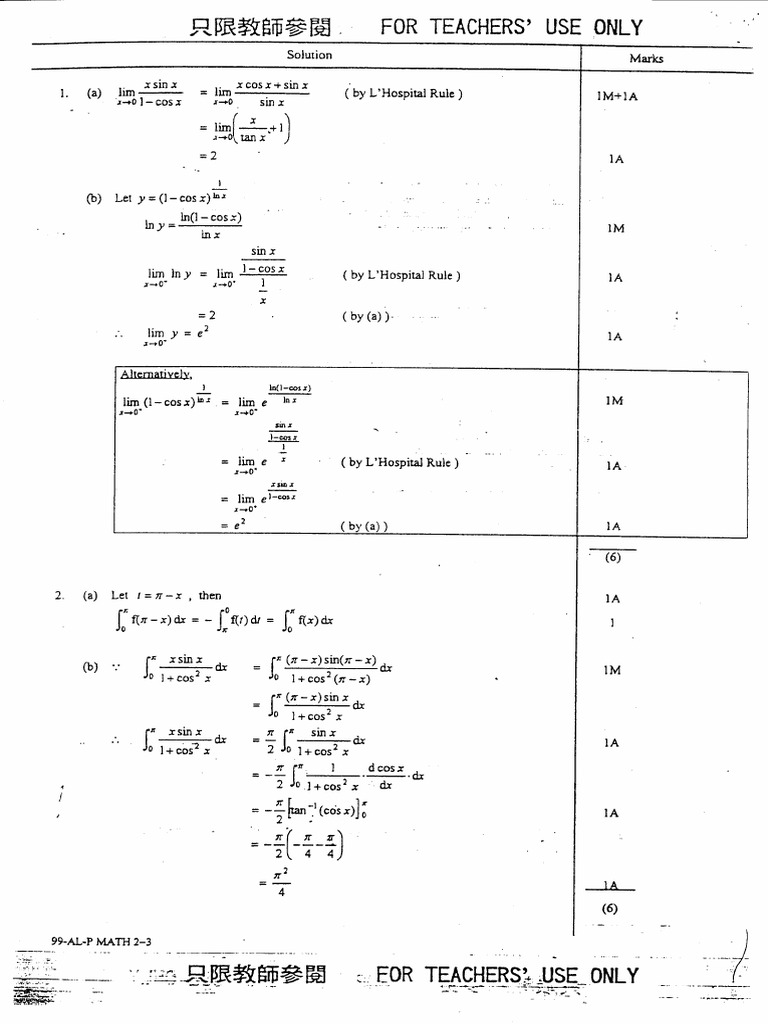 PureMaths 1999 Paper2 Marking Scheme | PDF PureMaths 1999 Paper2 Marking Scheme | PDF