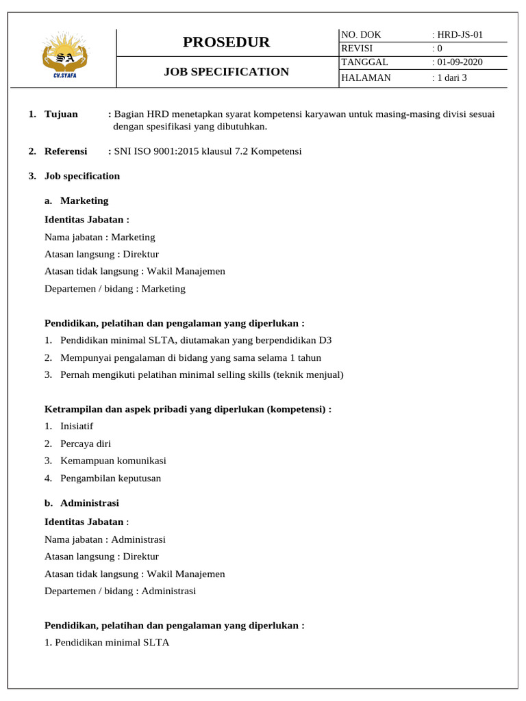 HRD-JS-01 Job Specification | PDF