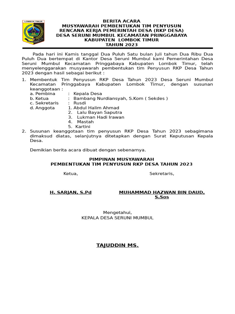 Berita Acara Pembentukan Tim Penyusun RPJMDes Perubahan 2024-2026 | PDF