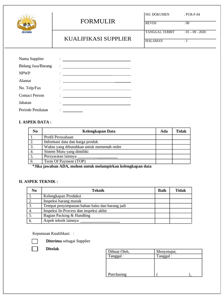 PUR-F-04-Form Kualifikasi Supplier | PDF