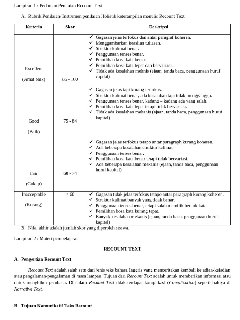 Rubrik Instrumen Penilaian Recount Text | PDF