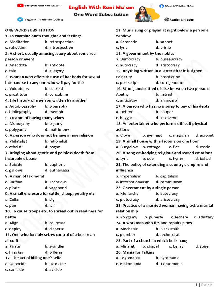 One Word Substitution Exercise A4 | PDF