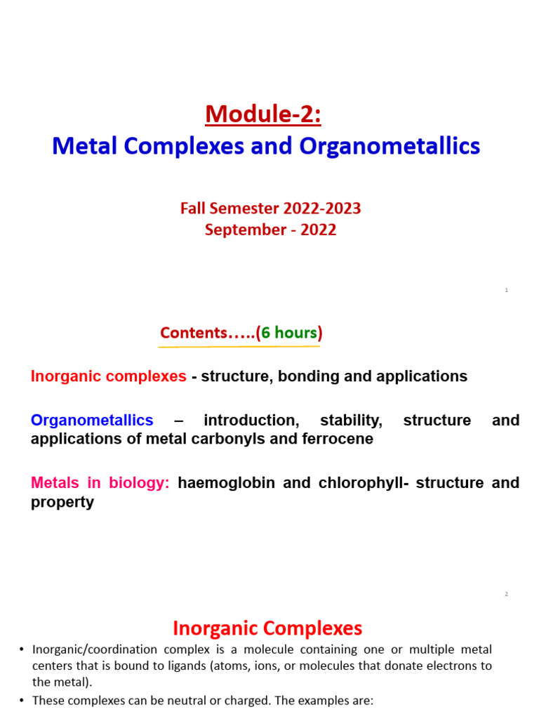 EC - Module 2 Inorganic and Organometallic Chemistry Fall 22 23 | PDF