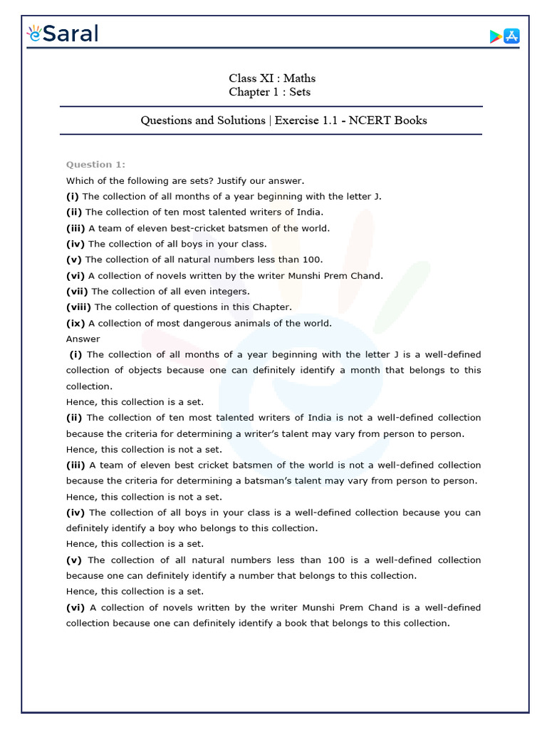 NCERT Solutions For Class 11 Maths Chapter 1 Sets PDF | PDF