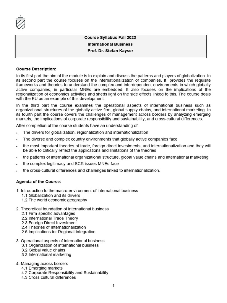 Course Syllabus International Business 2023 - Revised | PDF