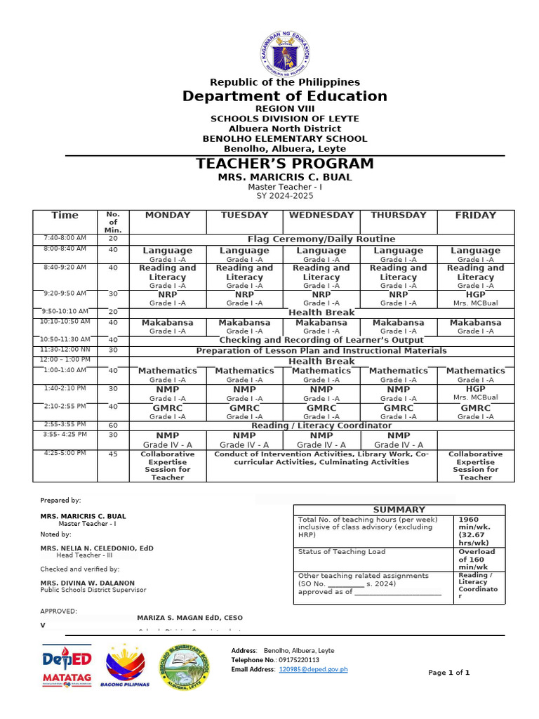 Grade One Teacher's Program - Final | PDF