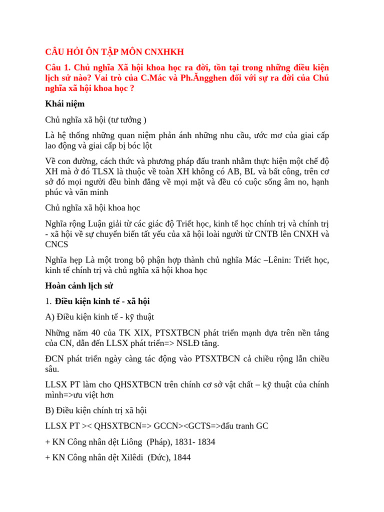 CÂU HỎI ÔN TẬP MÔN CNXHKH | PDF