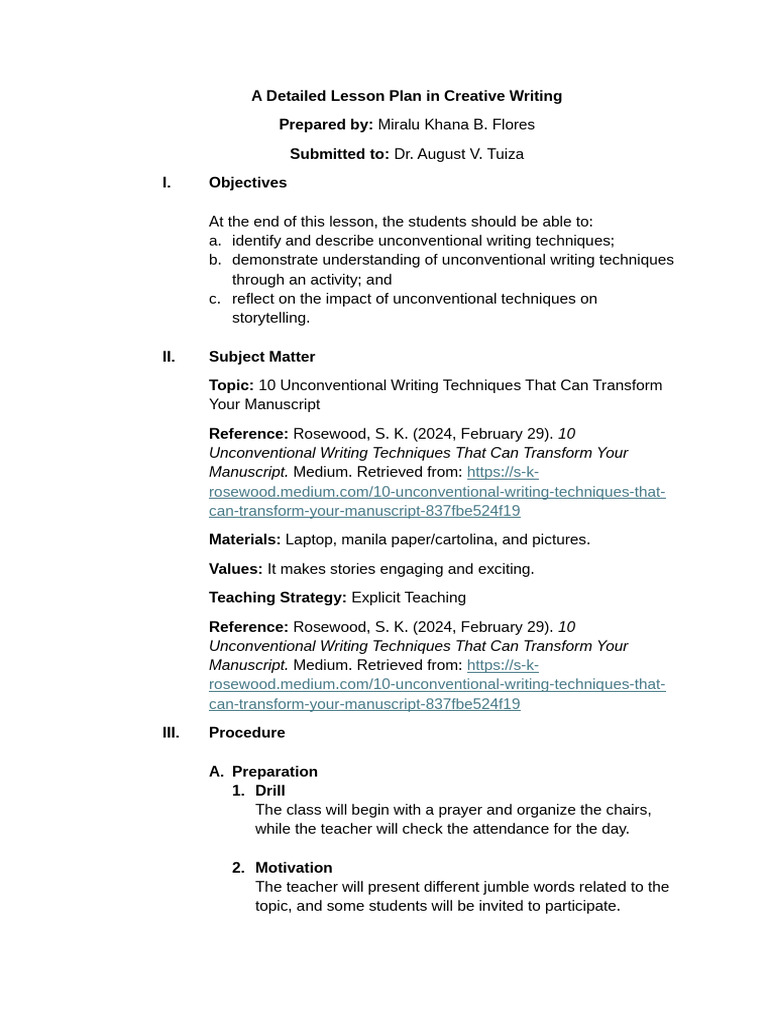 SEMI DETAILED LESSON PLAN IN UNCONVENTIONAL WRITING TECHNIQUES ...