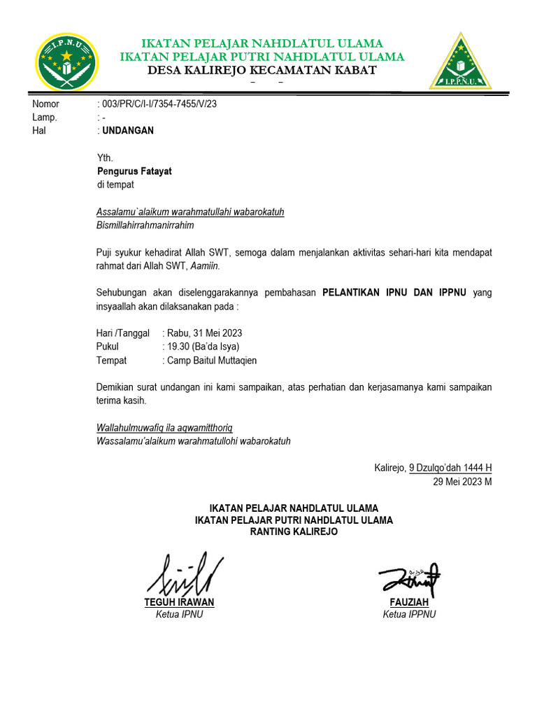 Undangan Rapat Banom Pelantikan IPNU IPPNU | PDF Undangan Rapat Banom Pelantikan IPNU IPPNU | PDF