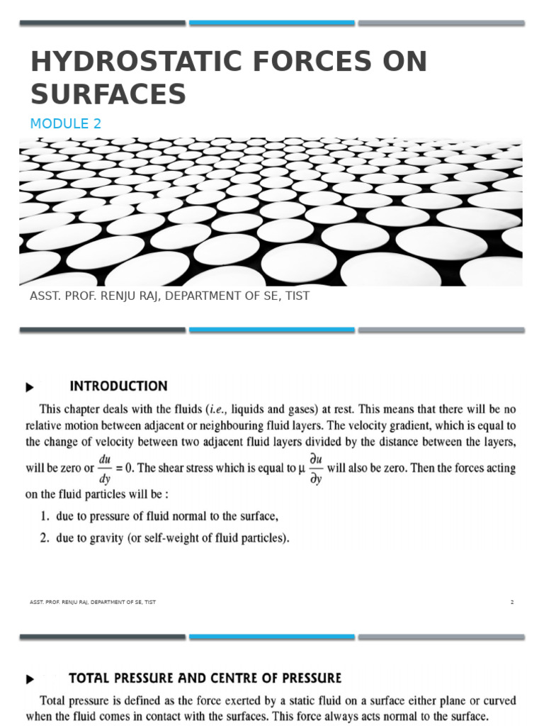 Hydrostatic Forces On Surfaces: Asst. Prof. Renju Raj, Department of Se, Tist | PDF