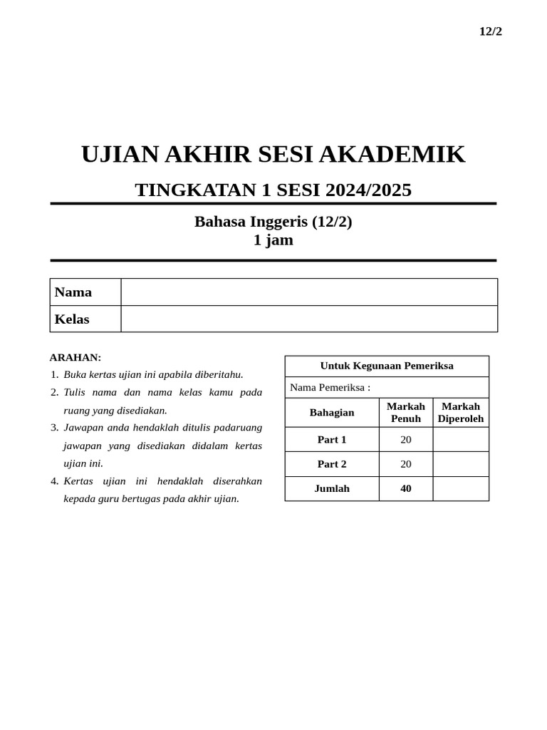 Uasa Paper 2 Form 1 | PDF